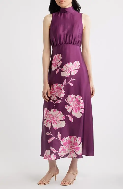 Eliza J Floral Print Sleeveless Satin Maxi Dress - Plumberry