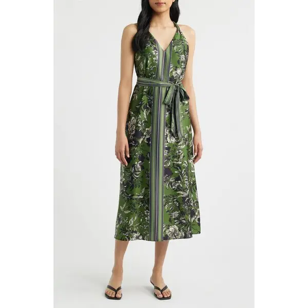 Eliza J Floral Satin Halter Neck Midi Dress - Olive