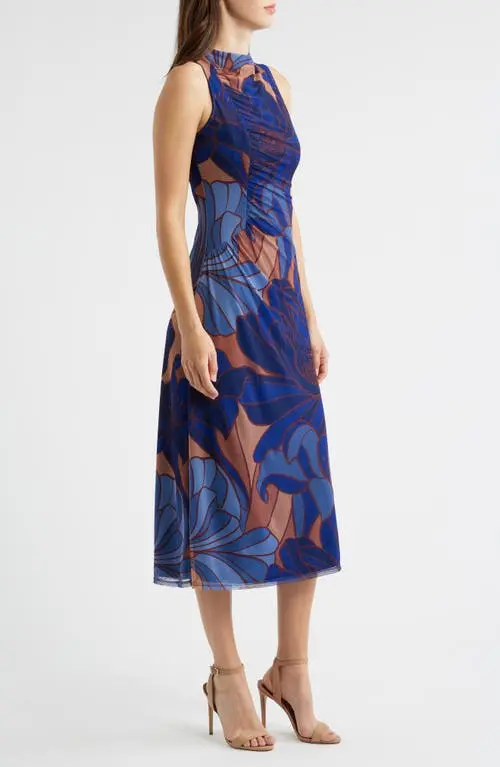 Vince Camuto Floral Print Ruched Mesh Midi Dress