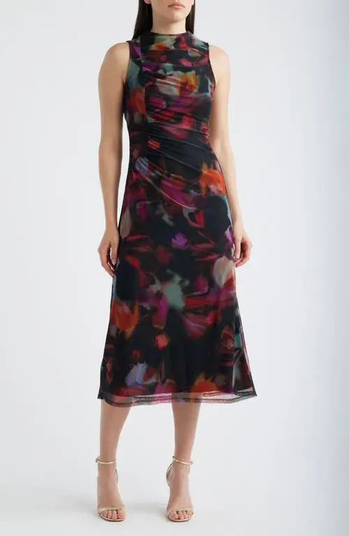 Vince Camuto Ruched Floral Print Cocktail Dress - Black Multi