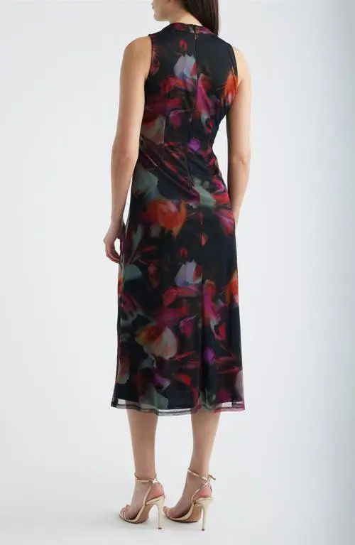 Vince Camuto Sleeveless Mock Neck Ruched Floral Print Dress