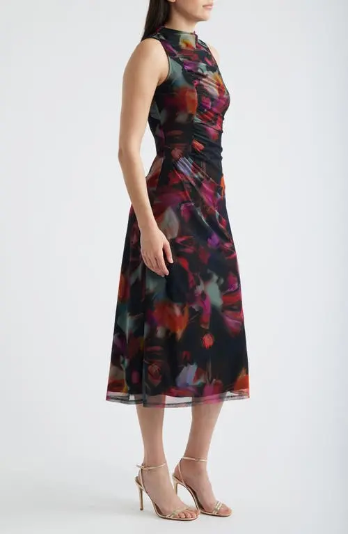 Vince Camuto Sleeveless Mock Neck Ruched Floral Print Dress