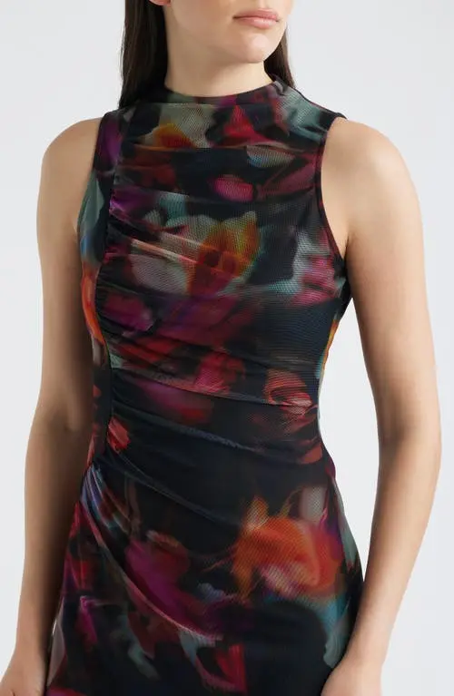 Vince Camuto Sleeveless Mock Neck Ruched Floral Print Dress