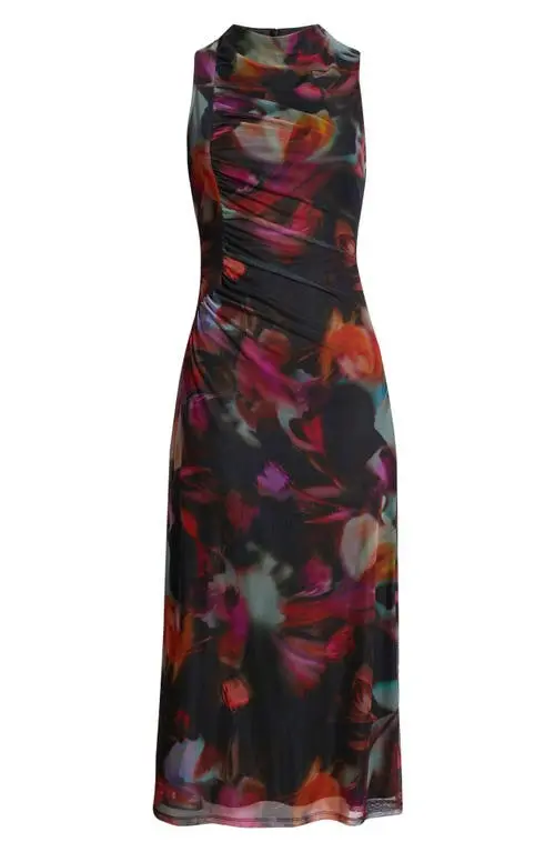 Vince Camuto Sleeveless Mock Neck Ruched Floral Print Dress