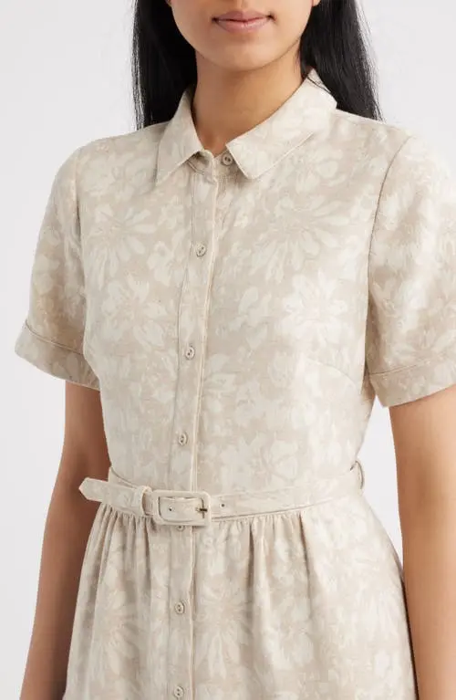 Eliza J Floral Print Cotton Blend Belted Shirt Dress