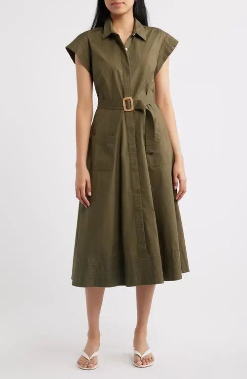 Eliza J Cotton Trapunto Stitch Belted Midi Shirtdress - Olive