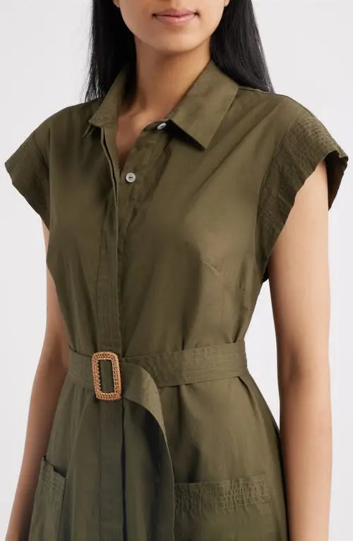Eliza J Cotton Trapunto Stitch Belted Midi Shirtdress