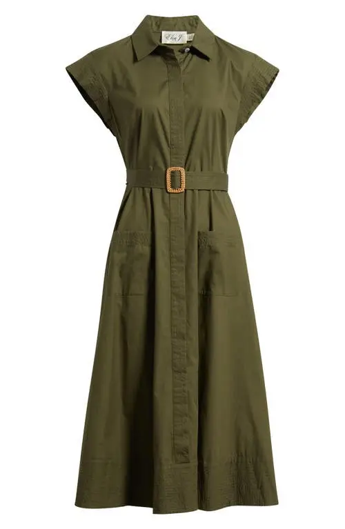 Eliza J Cotton Trapunto Stitch Belted Midi Shirtdress