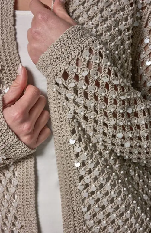 Donna Karan New York Open Knit Cardigan With Pearl And Sequin Embellishments