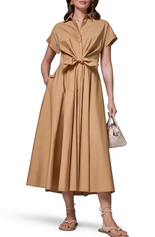 Donna Karan New York Tie Waist Short Sleeve Stretch Cotton Midi Shirtdress - Fawn