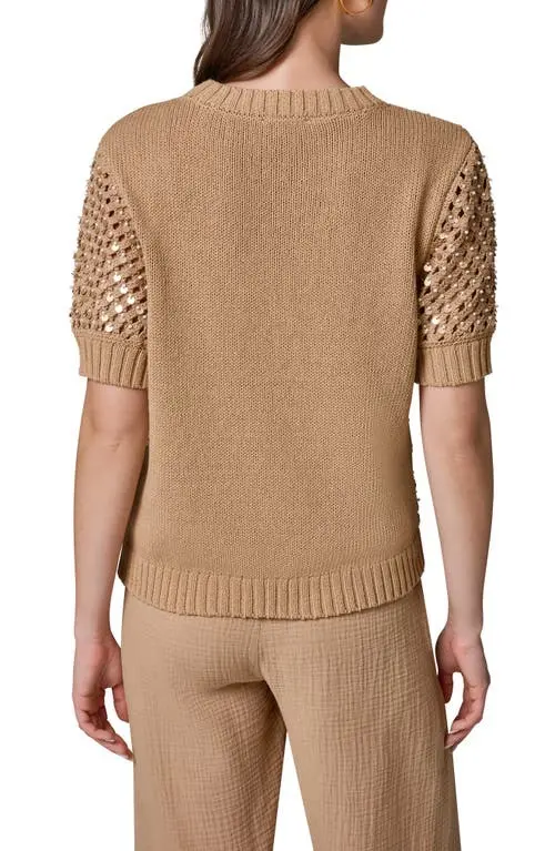 Donna Karan New York Pearl Embellished Short Sleeve Sweater