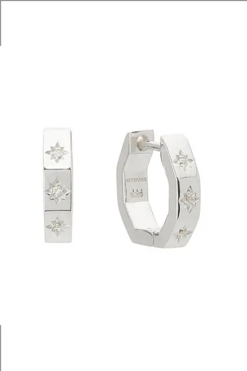 MURKANI 12mm Octagonal Star Etched Huggies With White Topaz - Silver