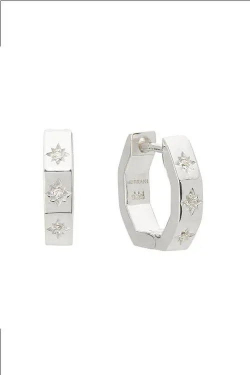 MURKANI 12mm Octagonal Star Etched Huggies With White Topaz - Silver