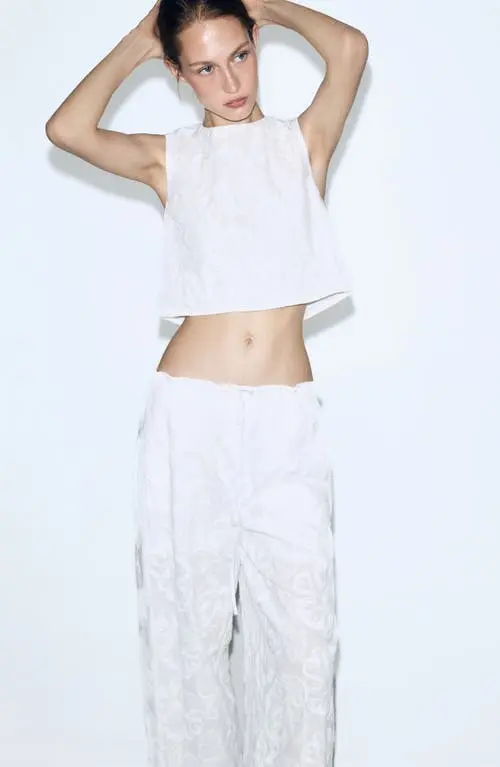 Mango Floral Jacquard Cotton Drawstring Ankle Pants