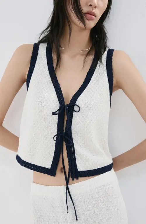Mango Sleeveless V-neck Knit Top With Front Tie - Light Beige