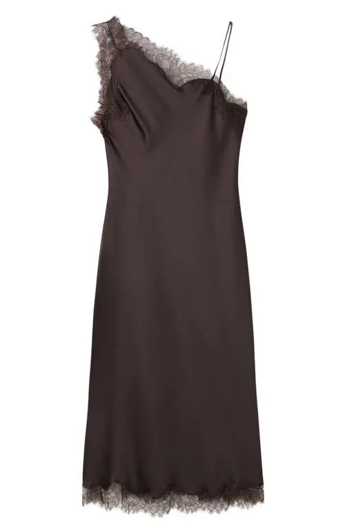 Mango Lace Trim One-shoulder Satin Slipdress - Chocolate
