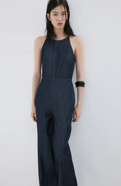 Mango Chambray Wide Leg Jumpsuit