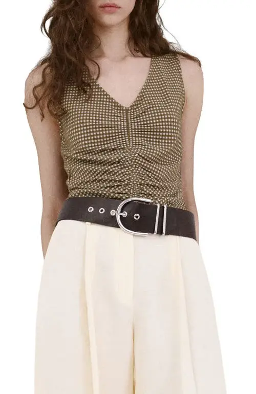 Mango Micro Check Ruched V-neck Sleeveless Top - Khaki