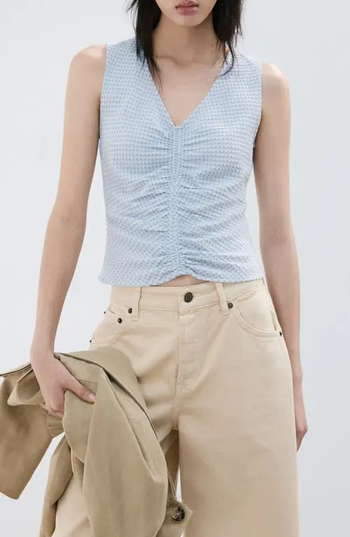 Mango Micro Check Ruched V-neck Sleeveless Top - Sky Blue