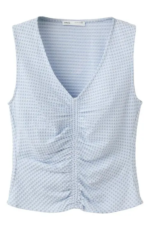 Mango Micro Check Ruched V-neck Sleeveless Top - Sky Blue