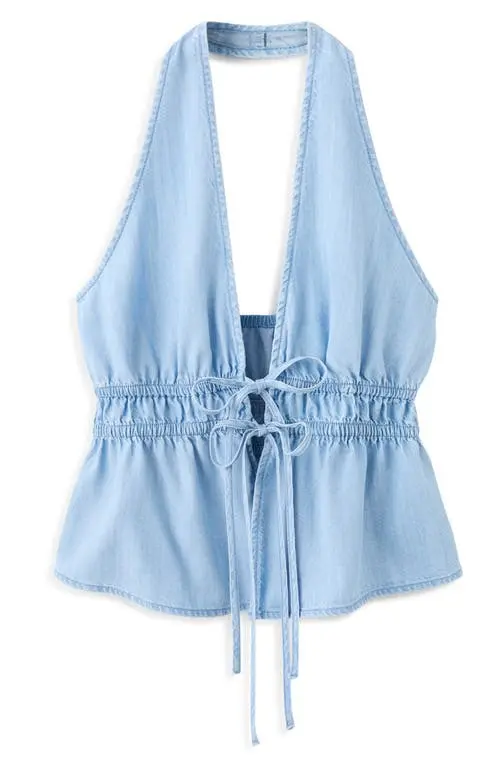 Mango Eva Tie Front Halter Denim Top