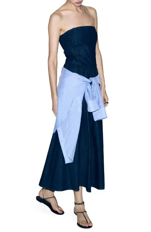 Mango Strapless Denim Midi Dress - Open Blue
