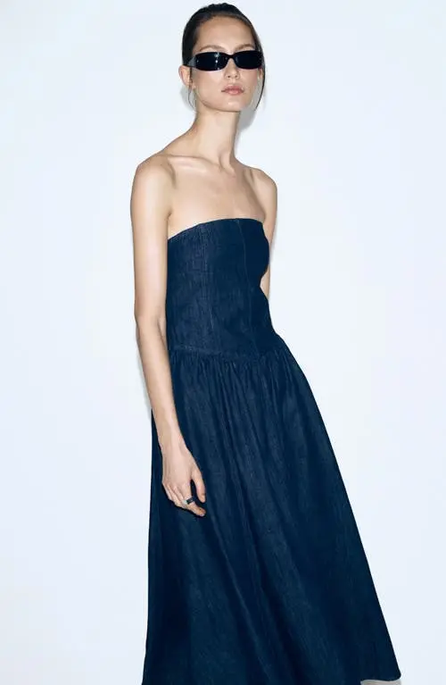 Mango Strapless Denim Midi Dress