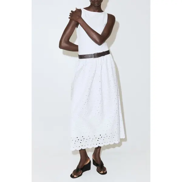 Mango Openwork Embroidered Stretch Cotton Midi Dress - White