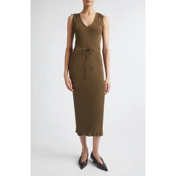 Max Mara Drawstring Cotton Blend Rib Sweater Dress - Mud