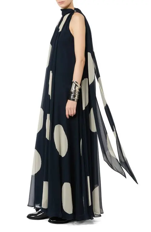 Max Mara Polka Dot Long Silk Georgette Dress With Halter Neck