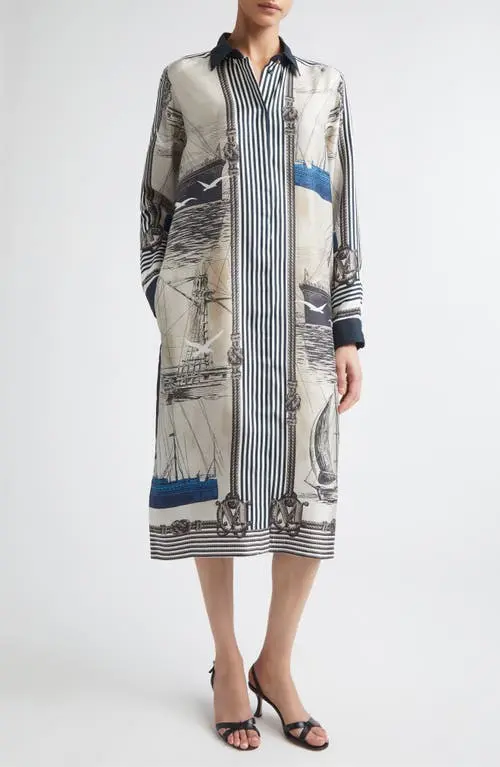 Max Mara Mariner Print Long Sleeve Silk Midi Shirtdress - Stone