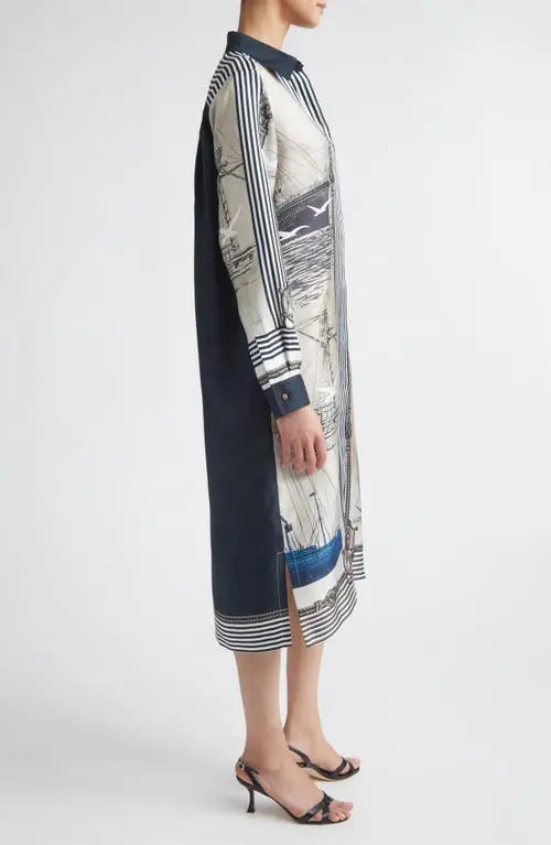 Max Mara Mariner Print Silk Midi Shirtdress