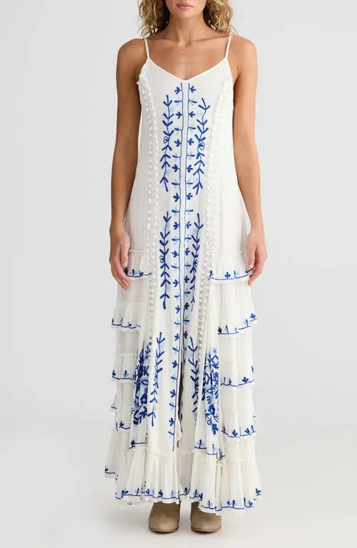 TALISMAN THE LABEL Sadira Embroidered Sleeveless Maxi Dress - White W Blue