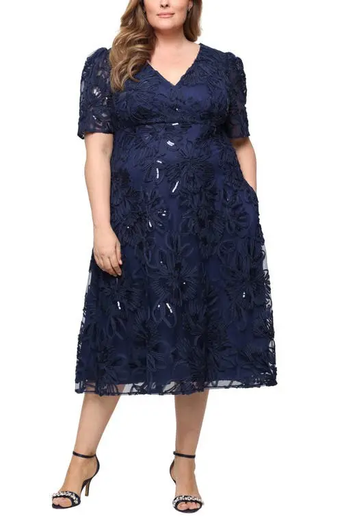 Alex Evenings Embroidered Sequin Soutache A-line Midi Dress - Navy