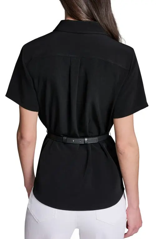 Karl Lagerfeld Paris Short Sleeve Belted Shirt With Rose Detail - Black