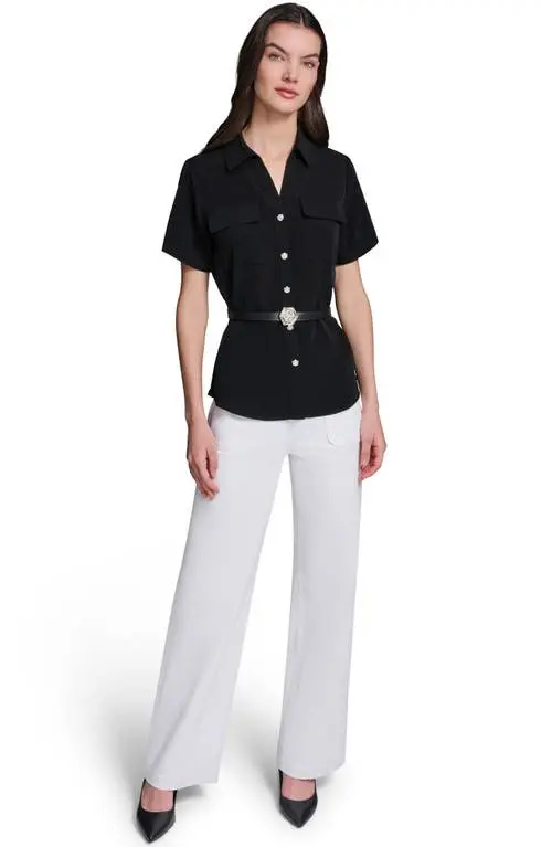 Karl Lagerfeld Paris Short Sleeve Belted Shirt With Rose Detail - Black