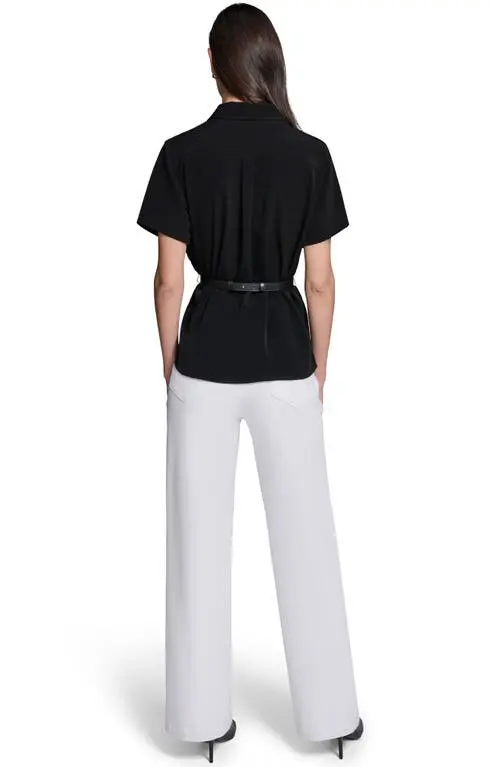 Karl Lagerfeld Paris Short Sleeve Belted Shirt With Rose Detail - Black
