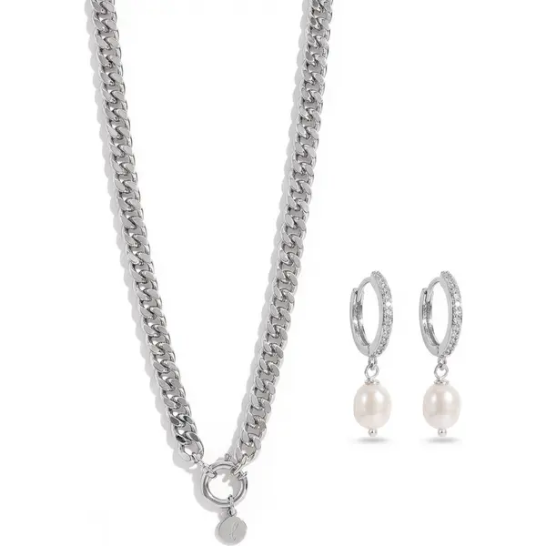 JOEY BABY Cuban Link Chain Necklace And Freshwater Pearl Drop Earring Set - Silver