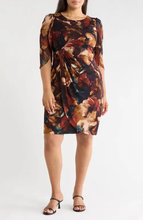 CONNECTED APPAREL Floral Print Cape Sleeve Minidress - Spice