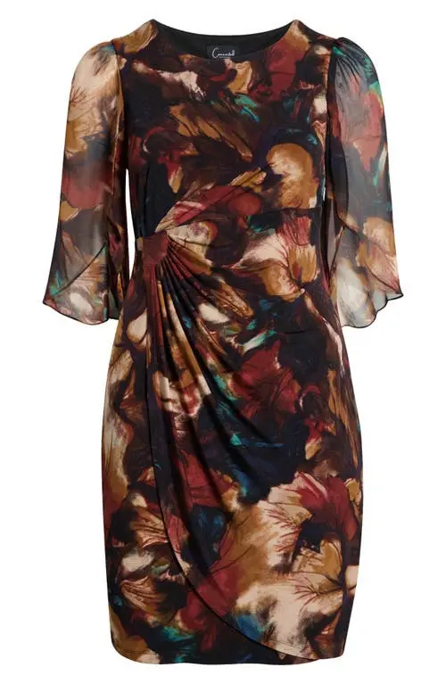 CONNECTED APPAREL Floral Print Cape Sleeve Faux-wrap Mini Dress