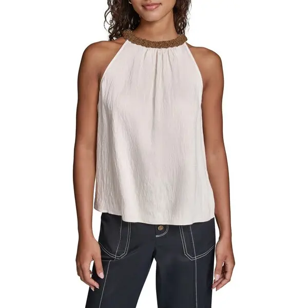 Karl Lagerfeld Paris Embellished Neck Sleeveless Top - Bisque