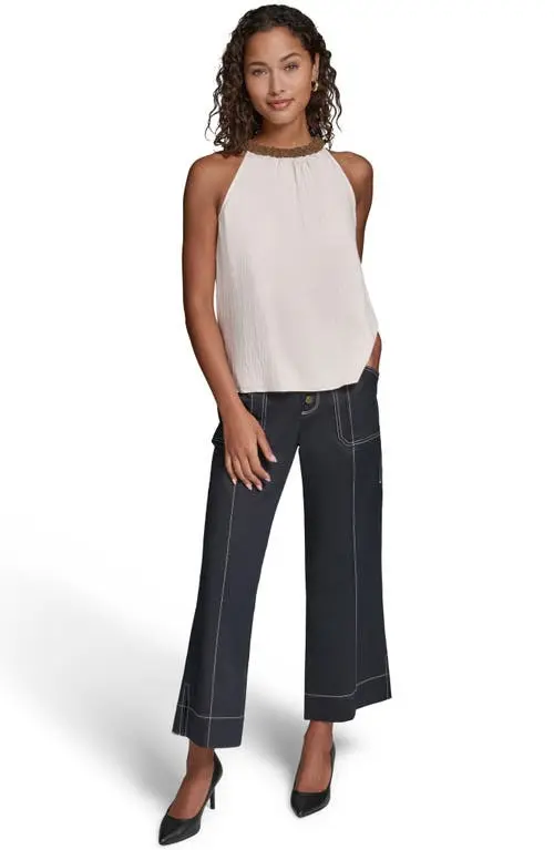 Karl Lagerfeld Paris Embellished Neck Sleeveless Top - Bisque