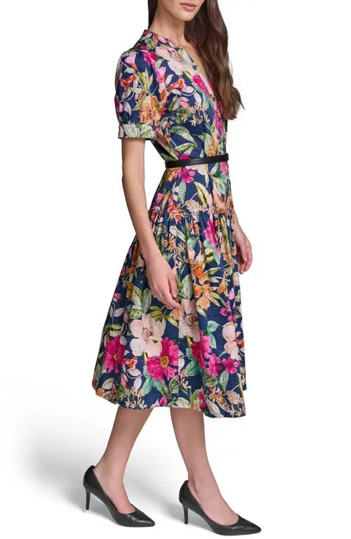 Karl Lagerfeld Paris Floral Print Belted Tiered Midi Dress