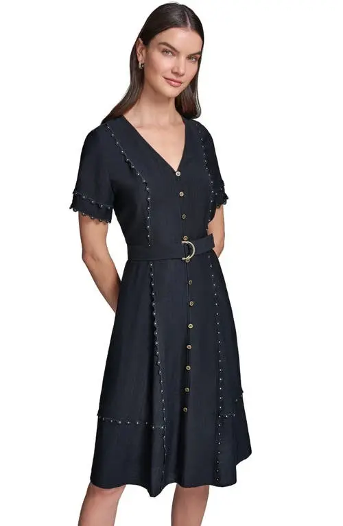 Karl Lagerfeld Paris Stud Embellished Belted Button-up Midi Dress