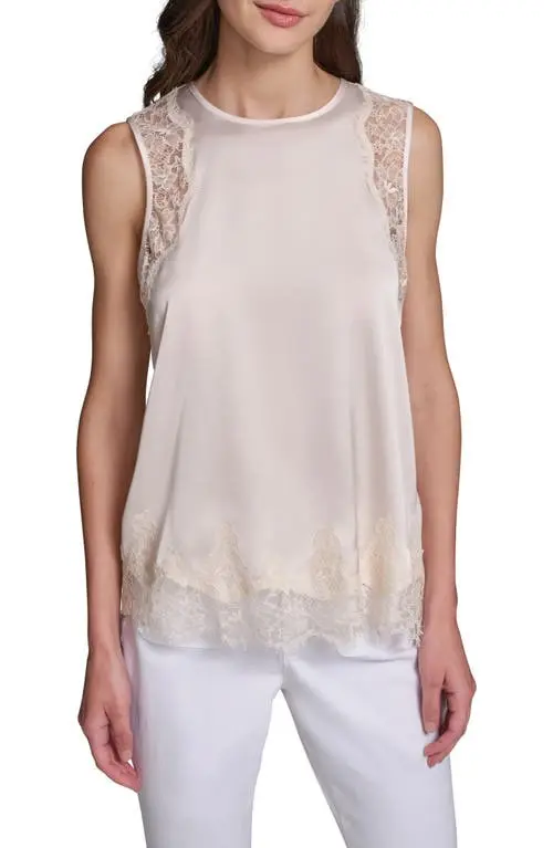 Karl Lagerfeld Paris Eyelash Lace Trim Satin Tank - Bisque