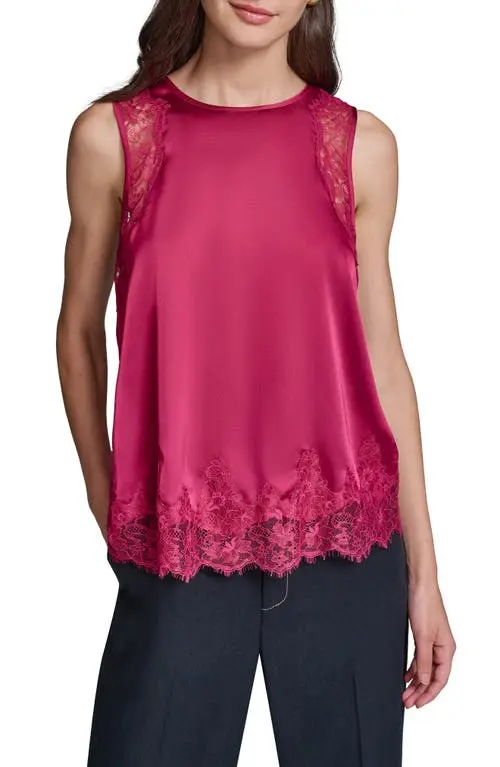 Karl Lagerfeld Paris Eyelash Lace Trim Satin Tank - Currant