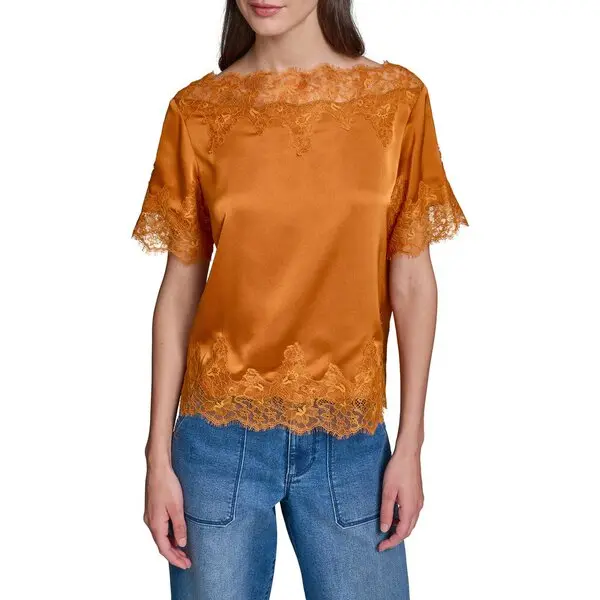 Karl Lagerfeld Paris Lace Detail Satin Top - Sienna
