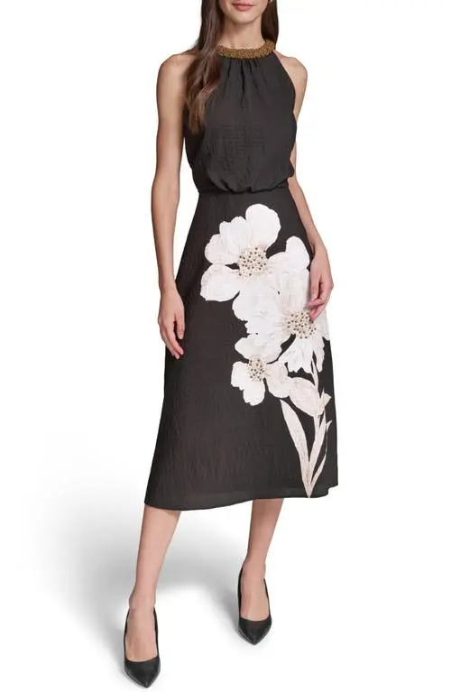Karl Lagerfeld Paris Floral Beaded Collar Sleeveless Midi Dress - Midnight Multi