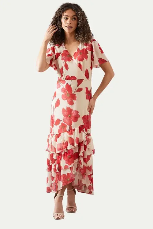 WALLIS Floral Frill Hem Chiffon Maxi Dress - Red