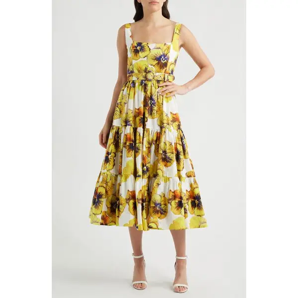 NADINE MERABI Helena Floral Cotton Cocktail Midi Dress - Yellow
